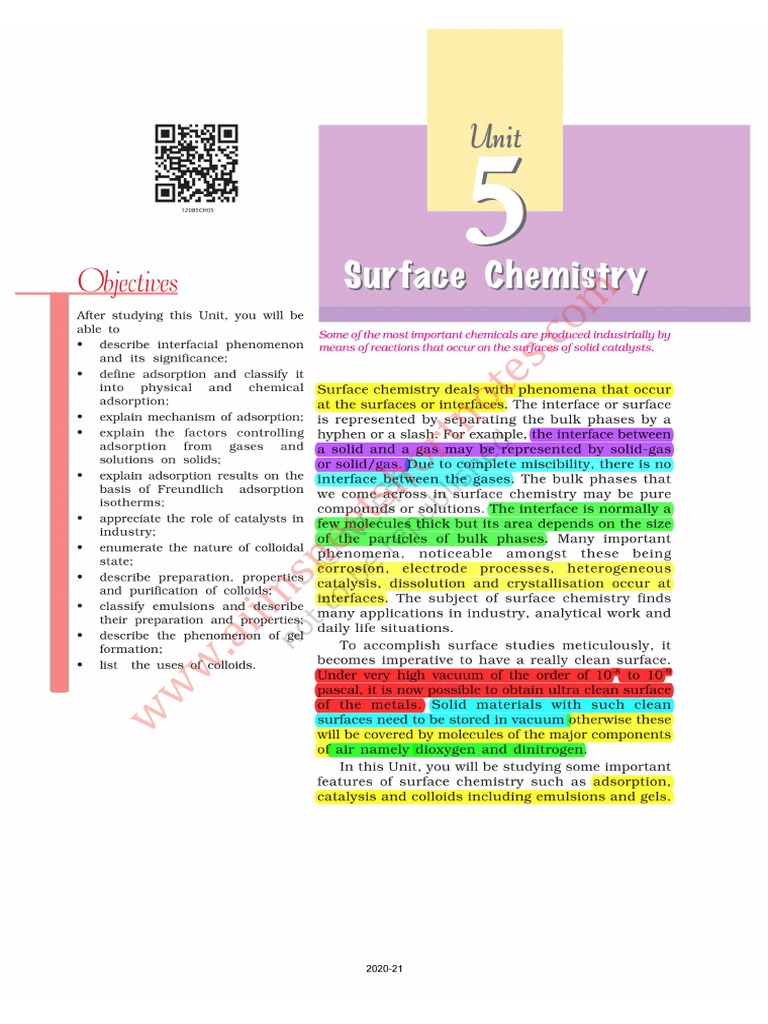Surface Chemistry NCERT Highlights | PDF