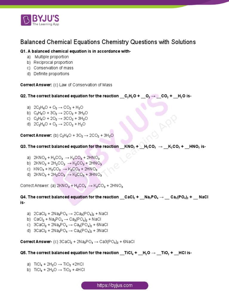 Balanced Chemical Equations Chemistry Questions With Solutions | PDF ...