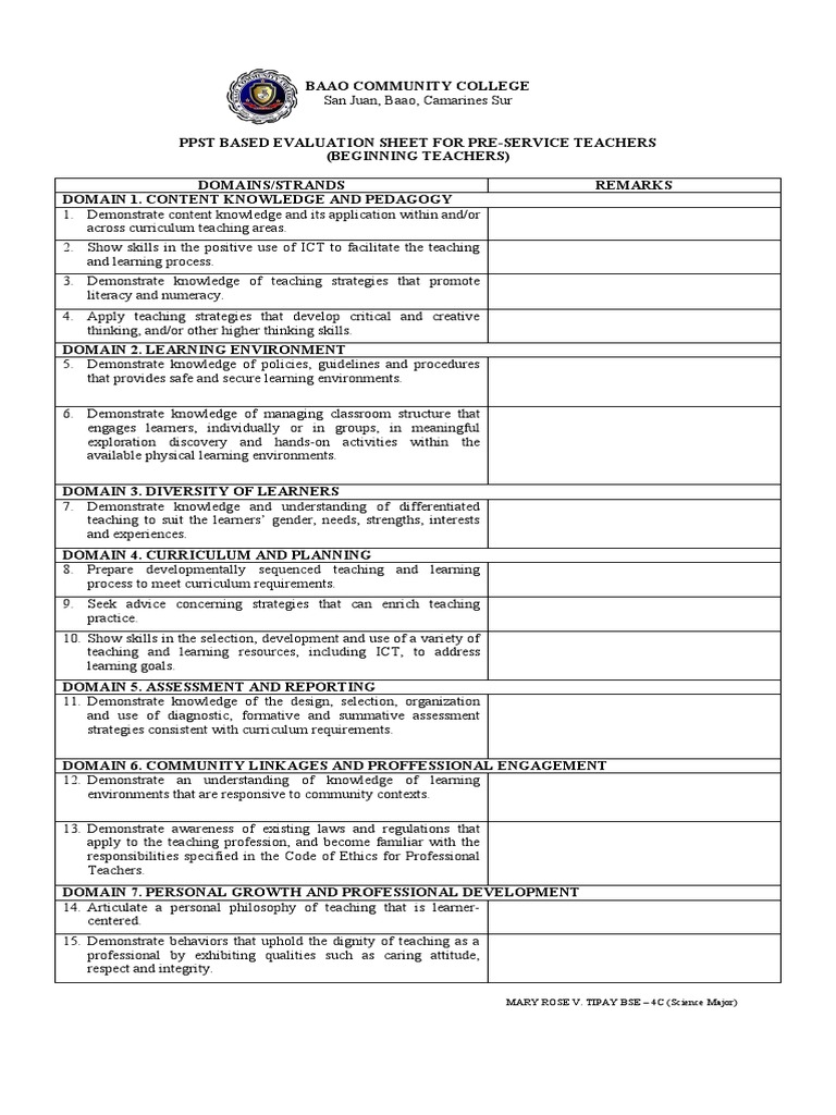 PPST Based Evaluation Sheet For Pre Service Teachers | PDF | Teaching Method | Learning