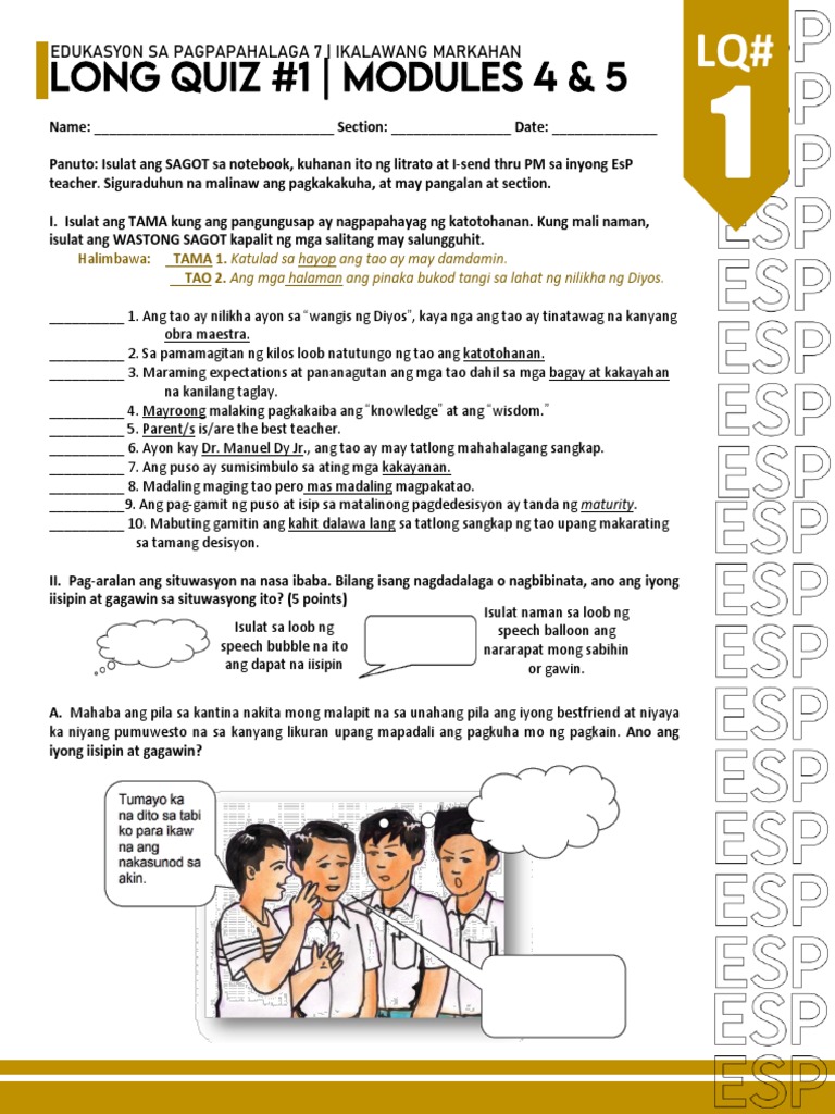 Long QUIZ ESP7 Module 4 and 5 | PDF