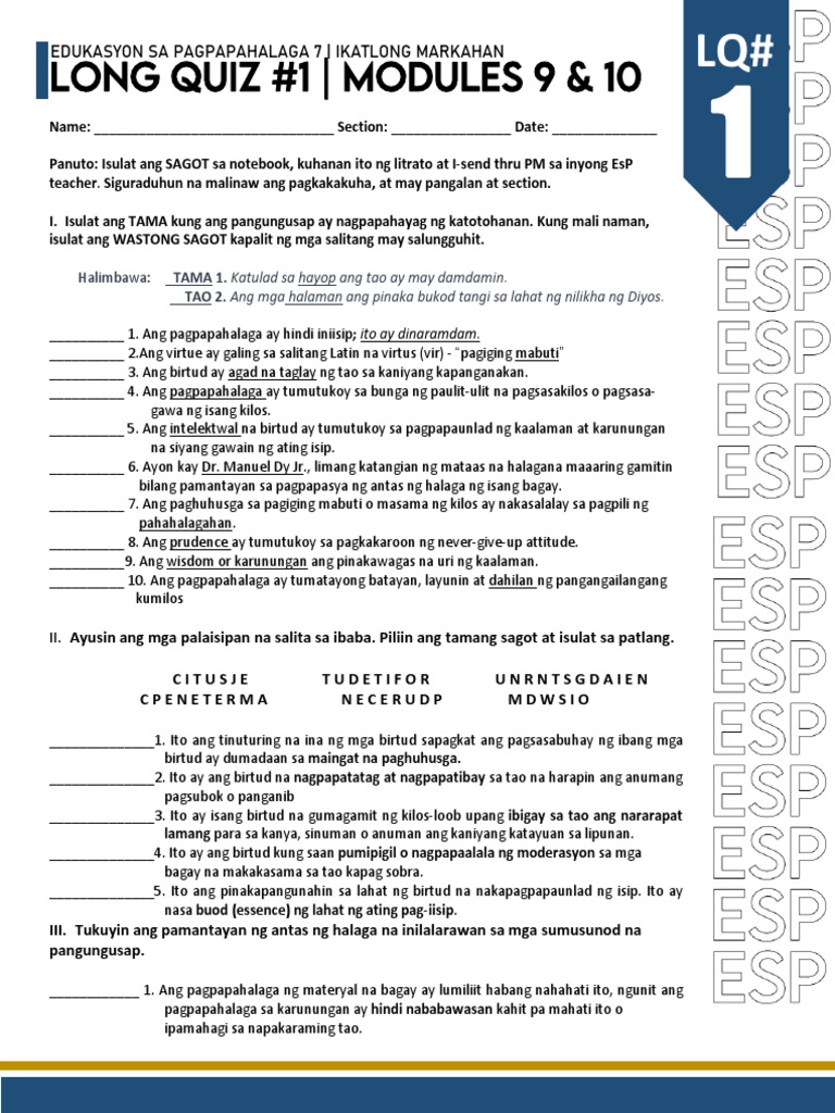Long QUIZ ESP7 Module 9 and 10 | PDF