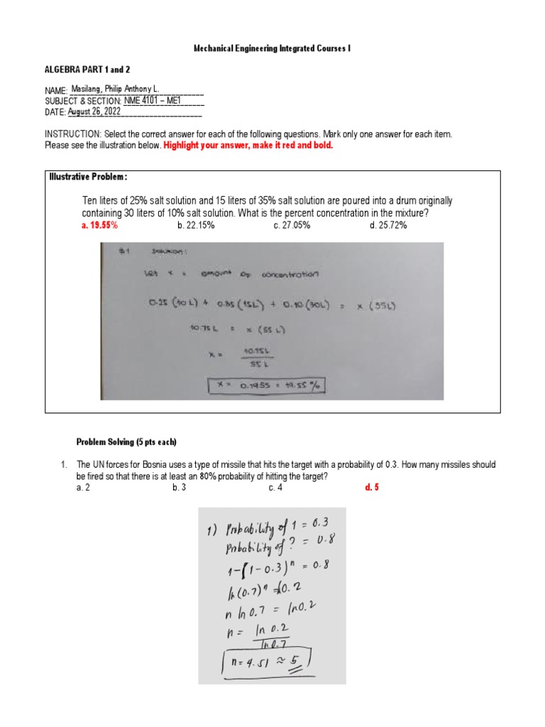 MASILANG-Exam No. 1 Algebra Part 1 and 2 Q | PDF | Algebra | Mathematics