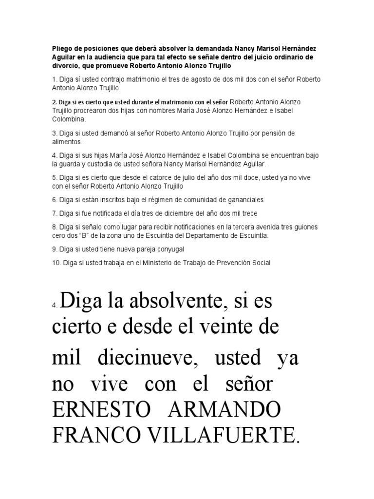 Pliego de Posiciones Que Deberá Absolver La Demandada Nancy Marisol Hernández Aguilar | PDF
