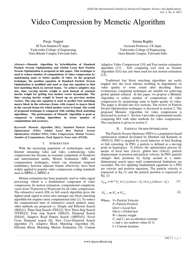 Video Compression by Memetic Algorithm | PDF | Algorithms | Areas Of ... Video Compression by Memetic Algorithm | PDF | Algorithms | Areas Of ...