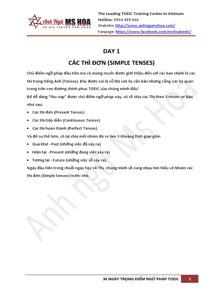 Day 1. Các Thì Đơn (Simple Tenses) - Đã G P | PDF