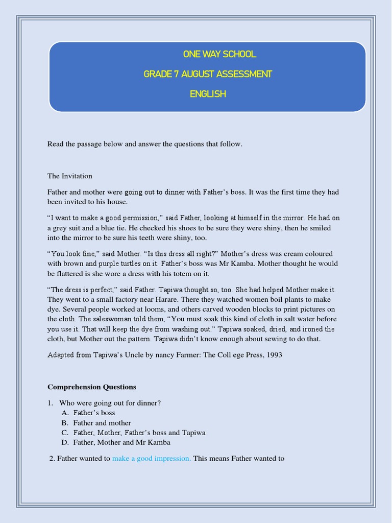 Grade 7 English Paper 1 T2 2020 | PDF