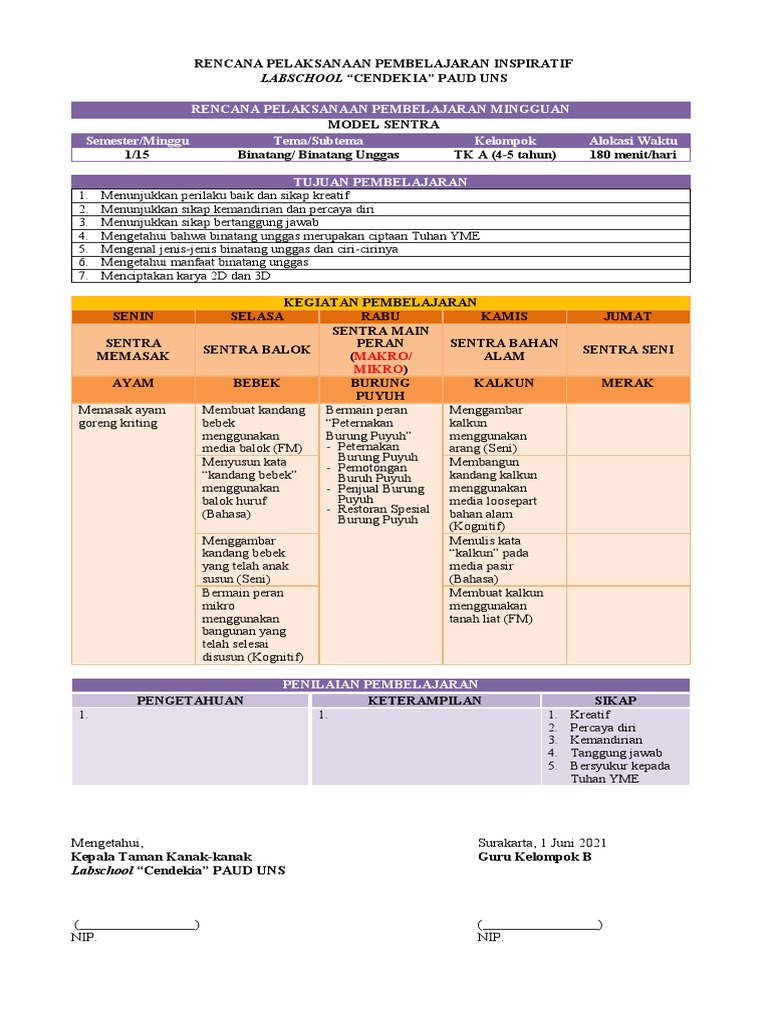 Contoh RPPM TK A Model Sentra | PDF