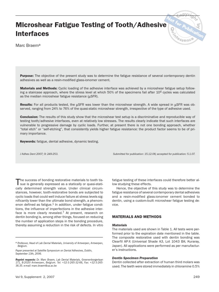 Microshear Fatigue Testing of Tooth/Adhesive Interfaces: Marc Braem ...
