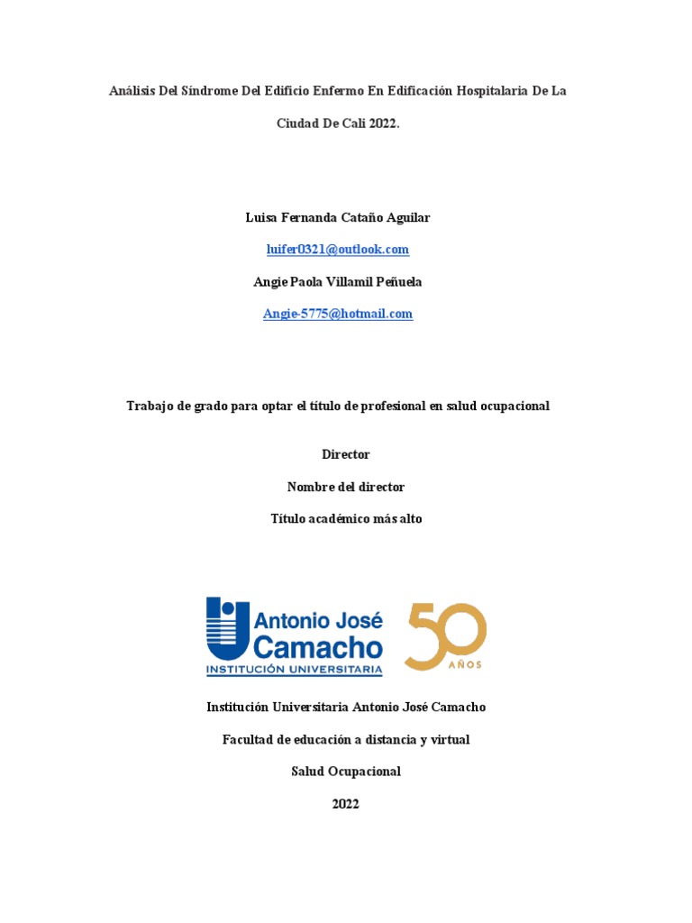 Análisis Del Síndrome Del Edificio Enfermo en Edificaciones Hospitalarias de La Ciudad de Cali ...