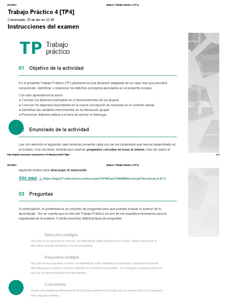 Examen - Trabajo Prctico 4 (TP4) 75% | PDF | Liderazgo | Prueba (evaluación)