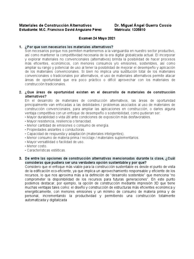 Examen Materiales de Construcción Alternativos FDAP | PDF | Cemento ...
