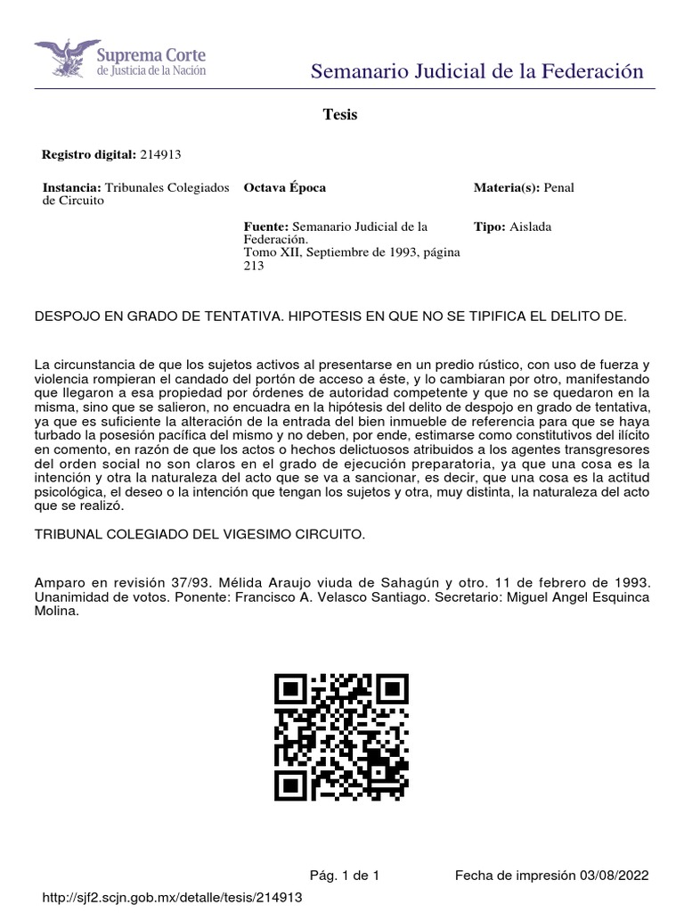 Despojo en Grado de Tentativa. NO Se Tipifica. Tesis214913 | PDF