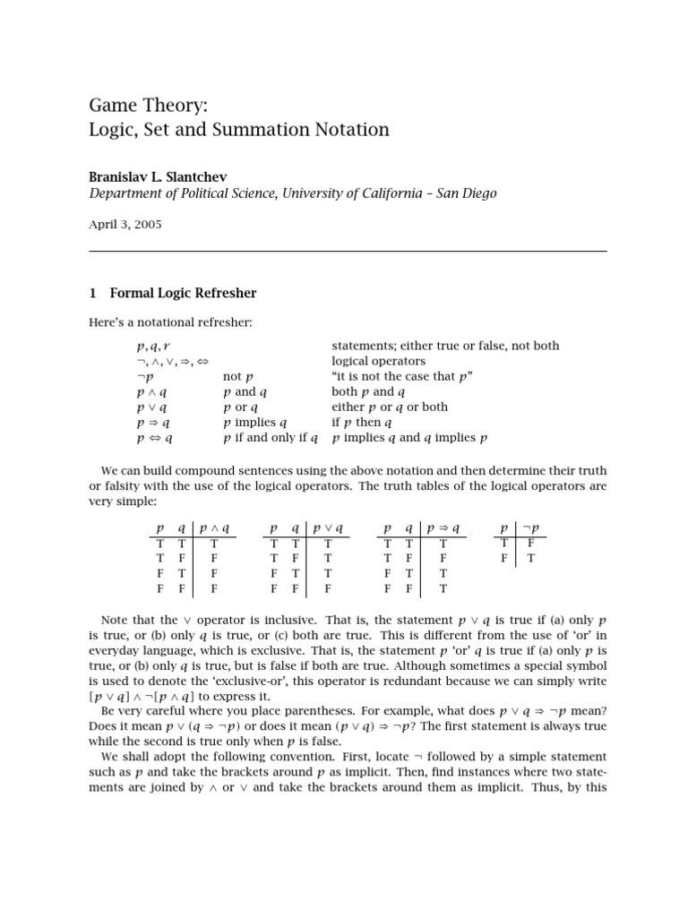 Game Theory: Logic, Set and Summation Notation: Branislav L. Slantchev | PDF | Syntax (Logic ...