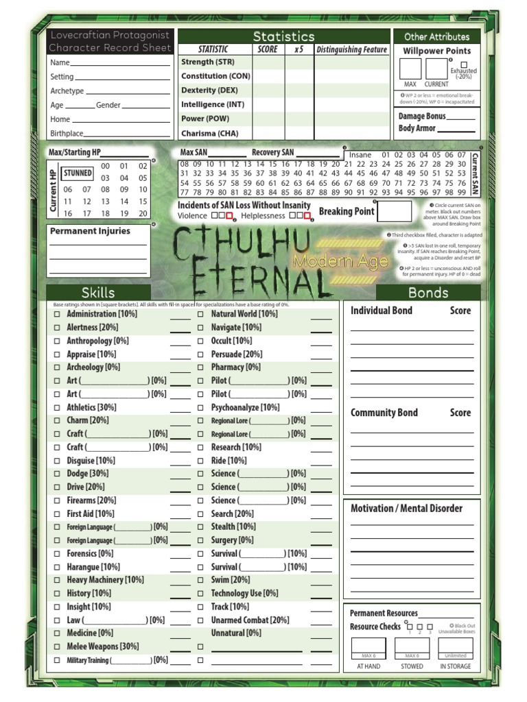 Cthulhu Eternal - Char Sheet Modern - 2page Nonfill | PDF