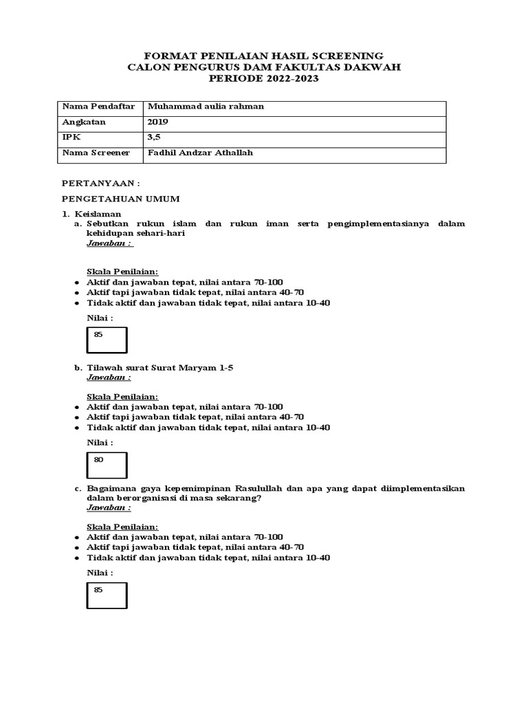 Format Penilaian Screening 2022-2023 | PDF