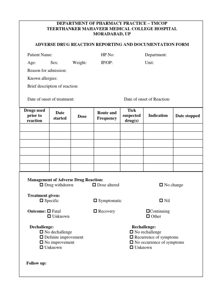 ADR Form | PDF | Pharmacy | Pharmacology