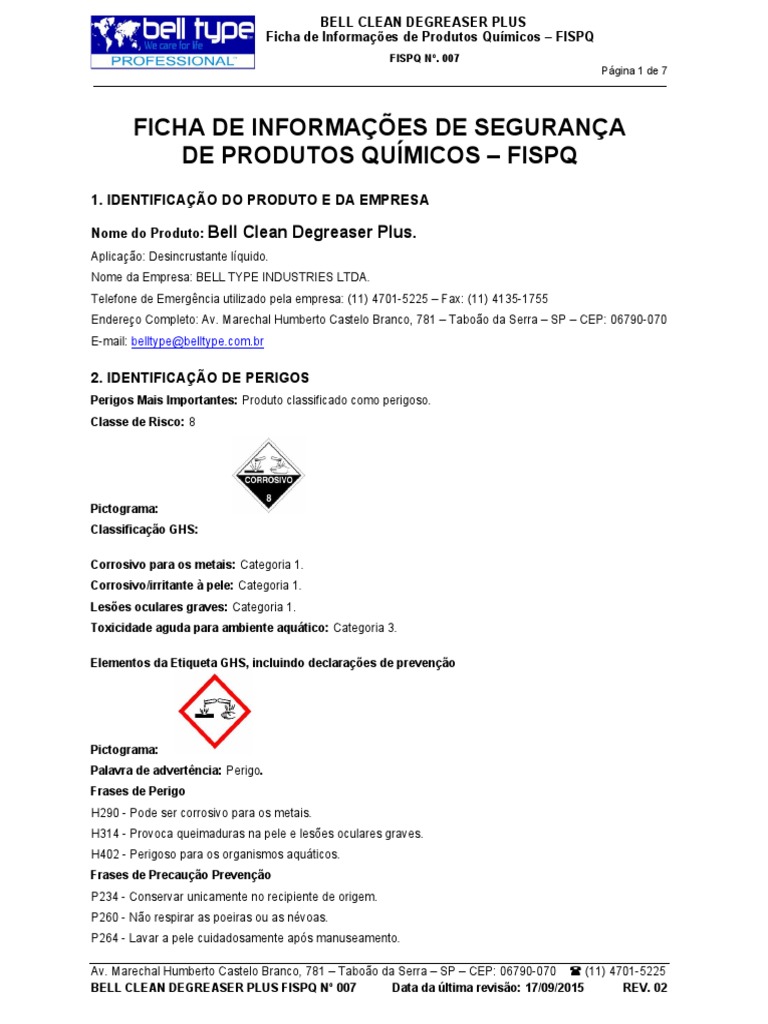 Fispq Bell Clean Degreaser Plus | PDF | Embalagem e rotulagem | Queimadura