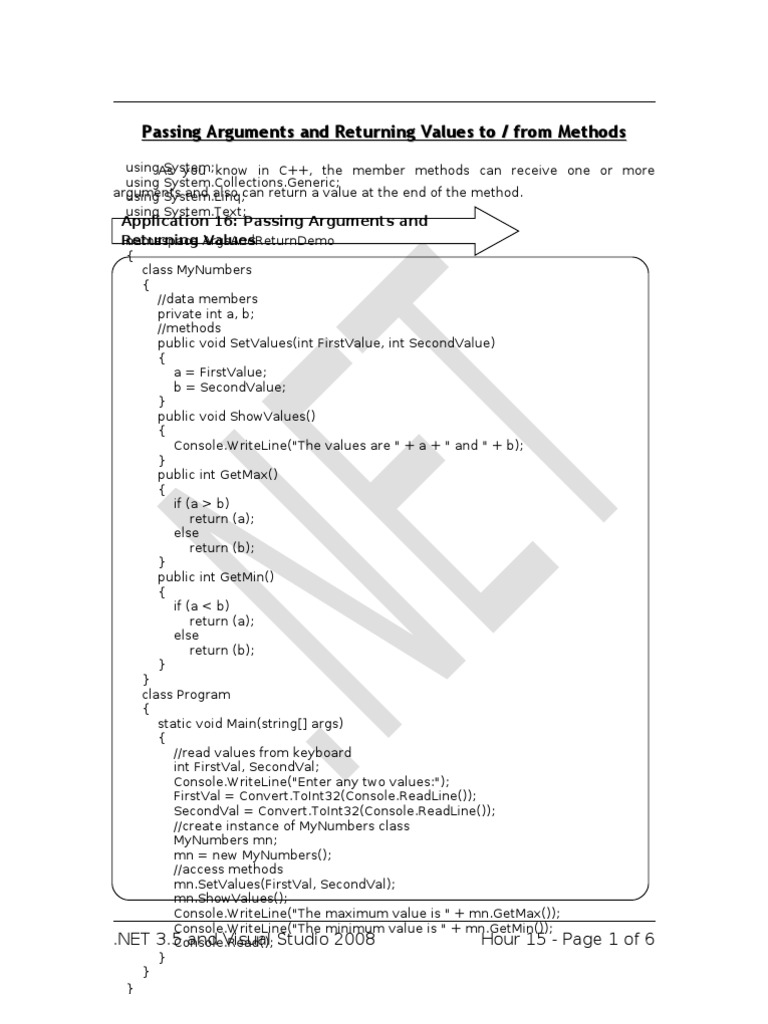 Passing Arguments and Returning Values To / From Methods | PDF ...