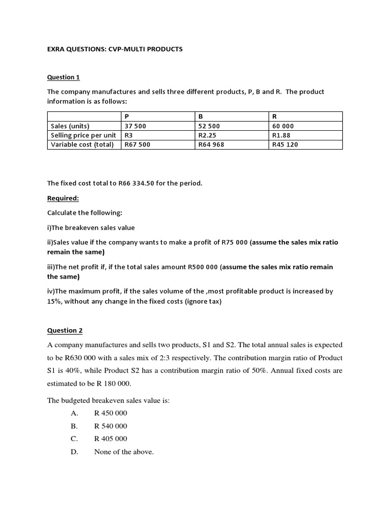 Baamy4a Extra Questions CVP Multi Product | PDF | Market (Economics) | Business Economics