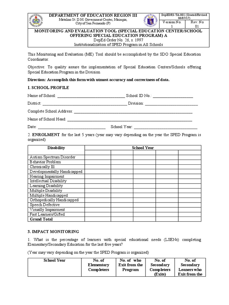 Monitoring Tool For Sped A | PDF | Special Education | Disability