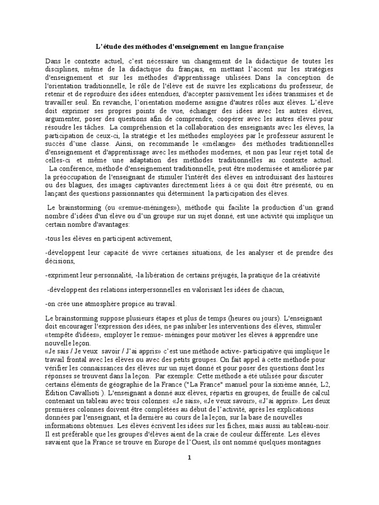 Méthodes pédagogiques modernes en français | PDF | Réflexion | Méthode ...