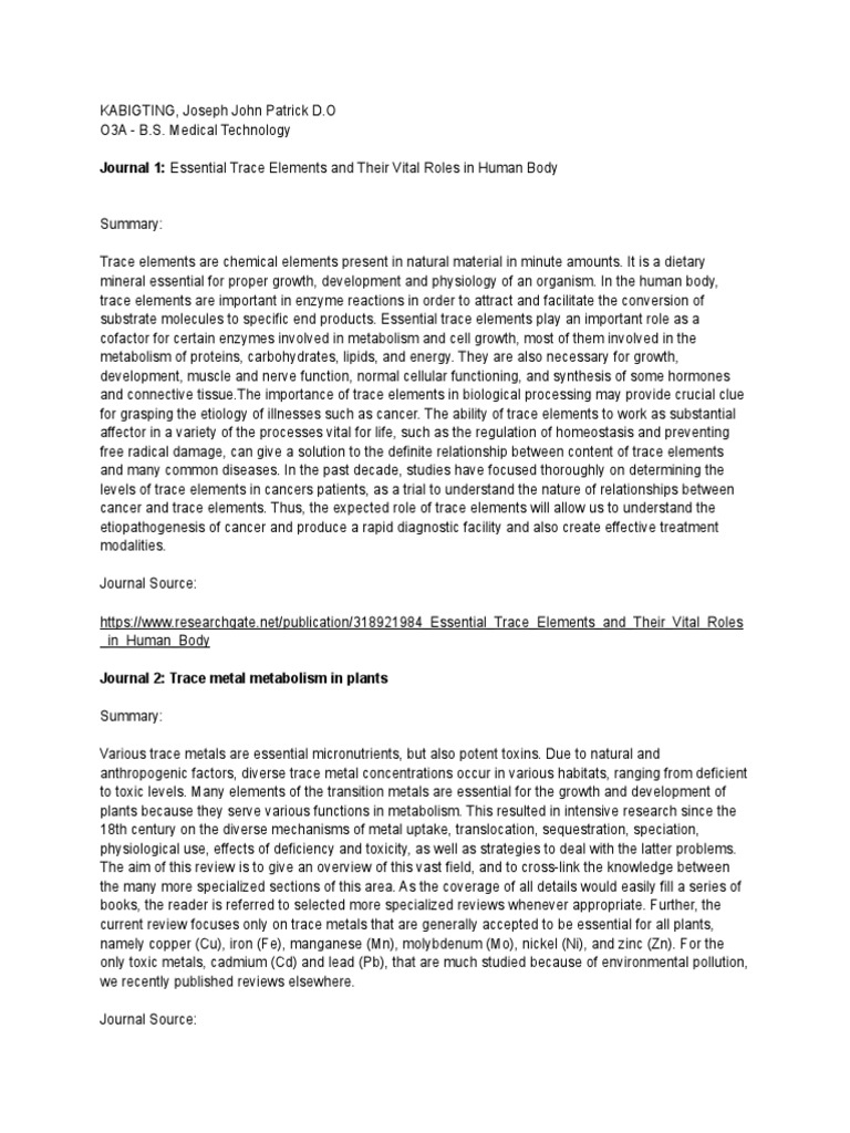 O3A - Kabigting - Trace Metal Element | PDF | Metabolism | Enzyme