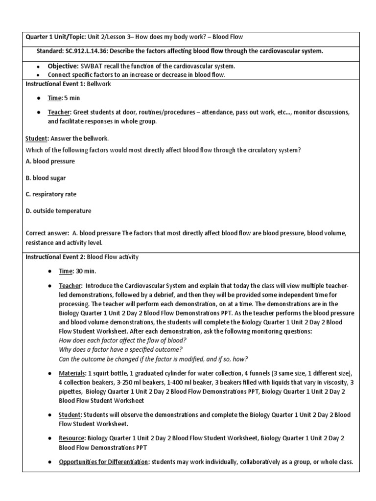 TAPPY Biology Quarter 1 - Unit 2 - Day 3 Lesson | PDF | Hemodynamics ...