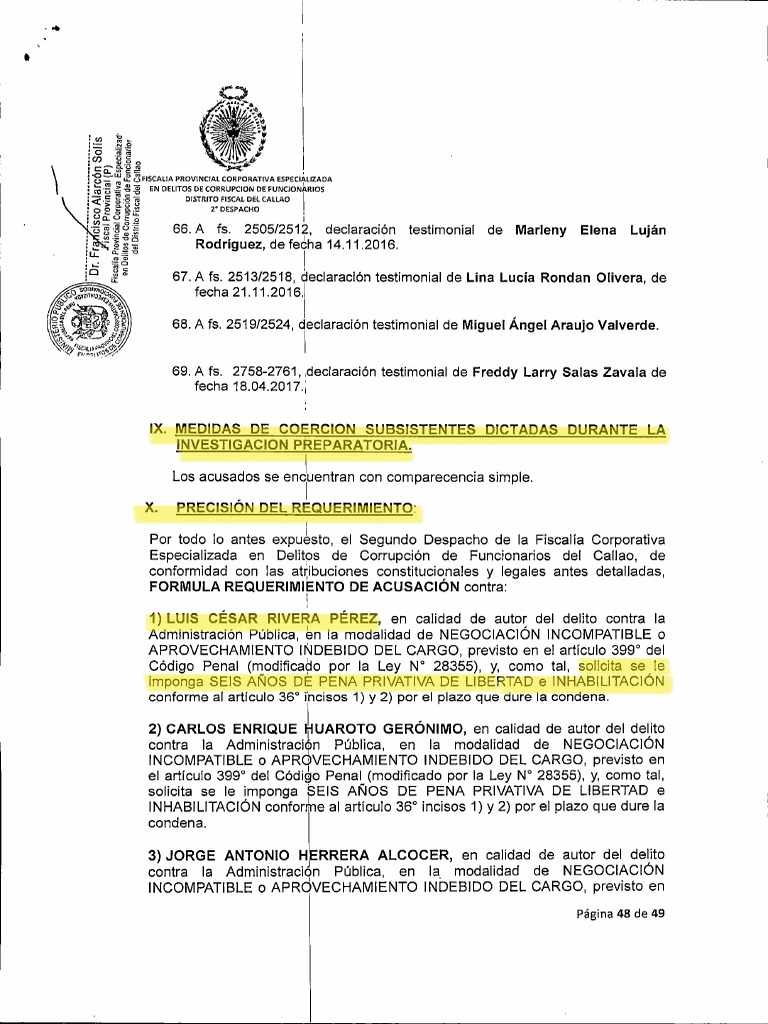 Documento de Fiscalía Pidiendo Prisión para Viceministro Del MTC, Luis Rivera Pérez. | PDF ...