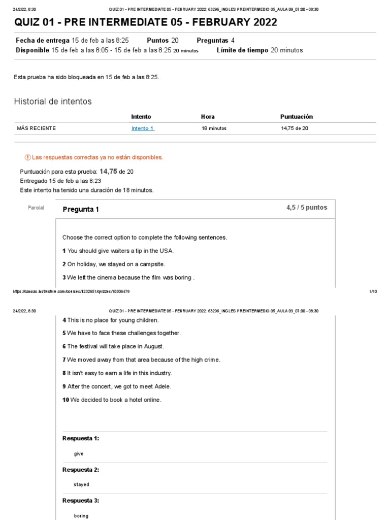 Quiz 01 - Pre Intermediate 05 - February 2022 - 63296 - Ingles ...