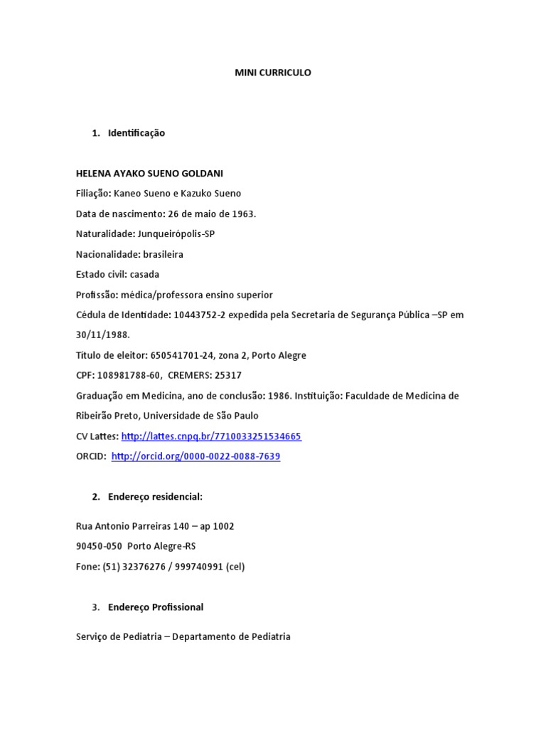 Mini Curriculo Helena Goldani | PDF | Remédio | Ciências da Saúde