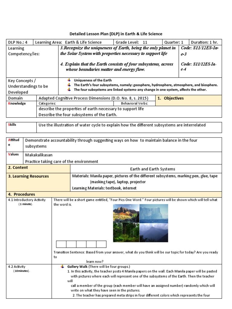 Grade 11 Earth Science Lesson Plan | PDF | Learning | Life