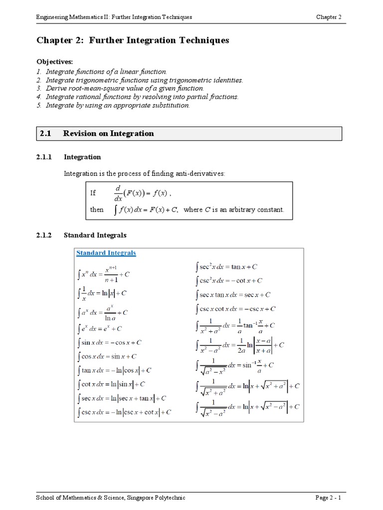 Chapter2 Further Integration Techniques | PDF | Trigonometric Functions | Integral