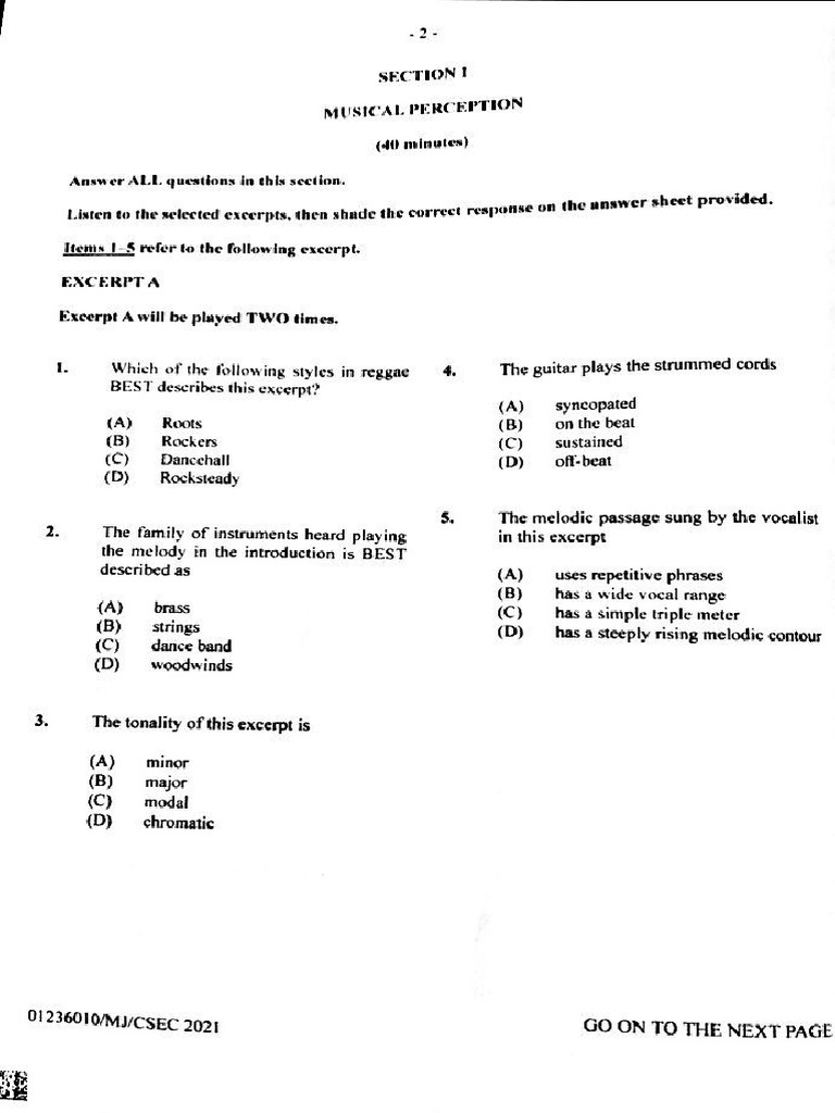 CSEC 2021 Music Past Paper | PDF