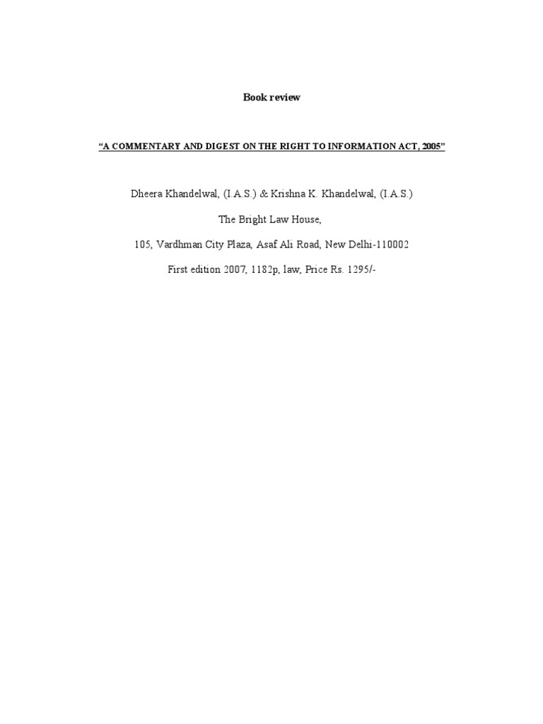 Book Review: A Commentary and Digest On The Right To Information Act ...