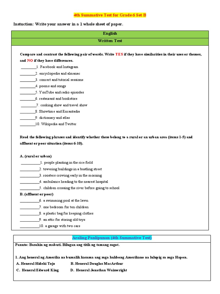 4th Summative Test For Grade 6 Set B | PDF