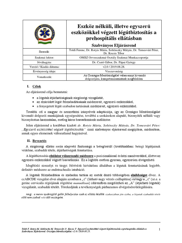 Eszköz Nélküli Illetve Egyszerű Eszközökkel Végzett Légútbiztosítás A Prehospitális Ellátásban | PDF