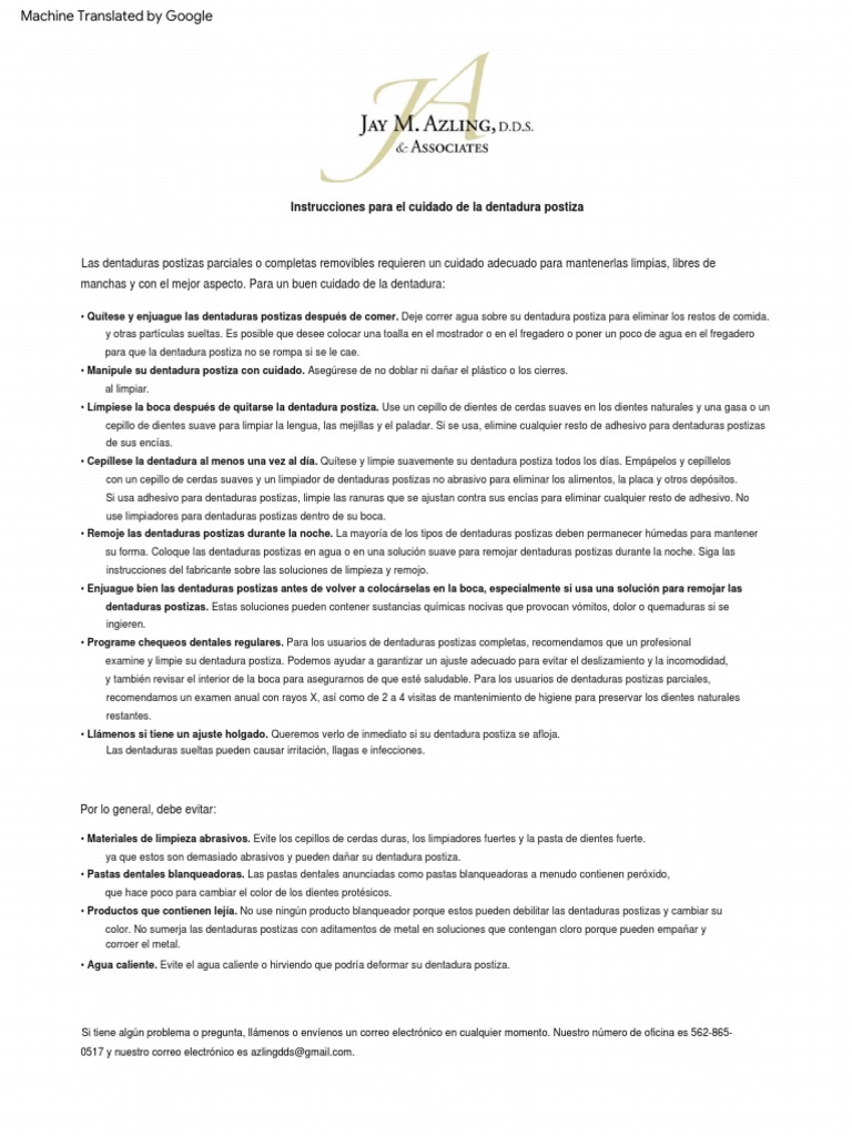 Instructions For Denture Care | PDF | Dentadura postiza | Cepillo de ...