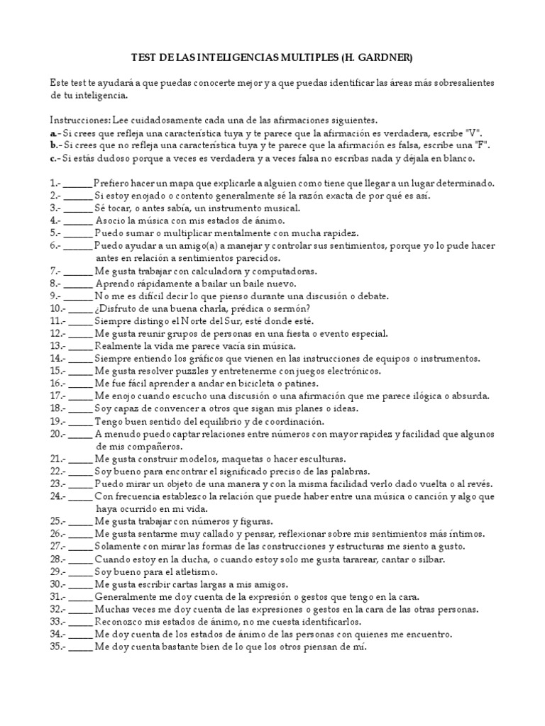 TEST DE LAS INTELIGENCIAS MULTIPLES Hoja de Respuestas | PDF ...