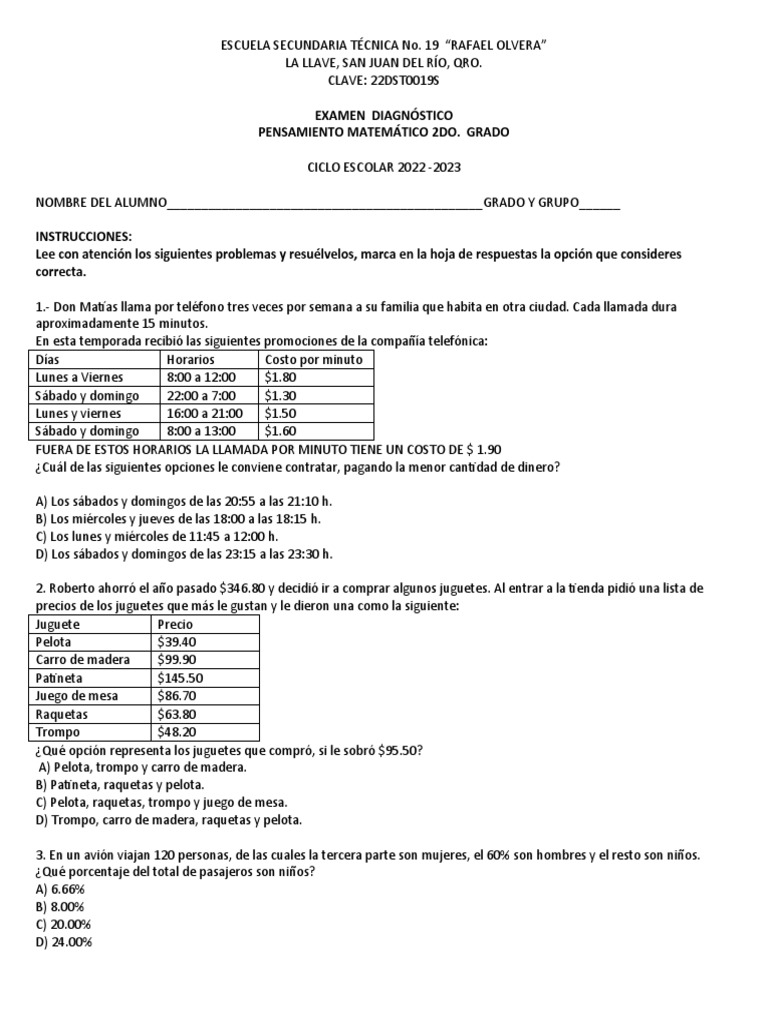 Diagnóstico Pensamiento Matemático 2° | PDF