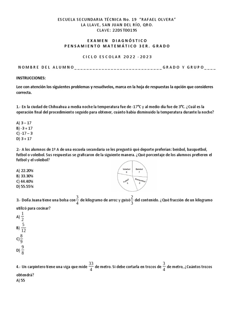 Diagnóstico Pensamiento Matemático 3° | PDF