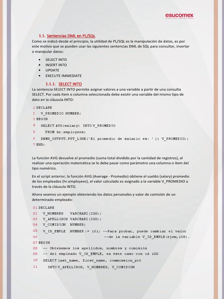 Sentencias DML en PL/SQL y declaración de procedimientos | PDF | Pl / Sql | SQL