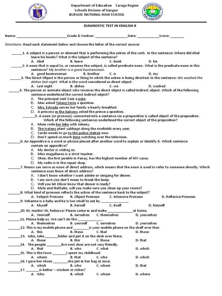 Diagnostic Test in Grade 8 | PDF | Verb | Adjective