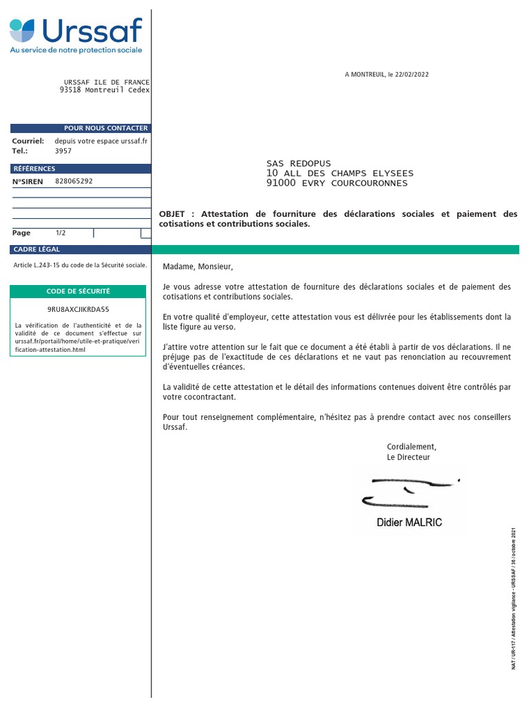 Attestation URSSAF REDOPUS | PDF | Business | Économie