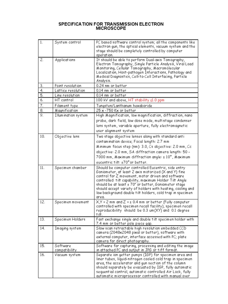 Specification For Transmission Electron Microscope | PDF | Transmission ...
