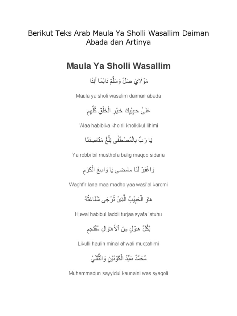 Berikut Teks Arab Maula Ya Sholli Wasallim Daiman Abada Dan Artinya Pdf