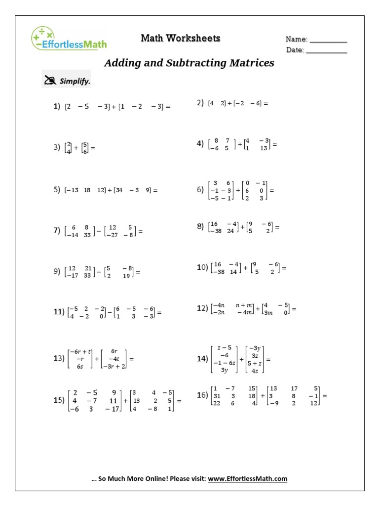 Matrix Addition and Subtraction Worksheet | PDF