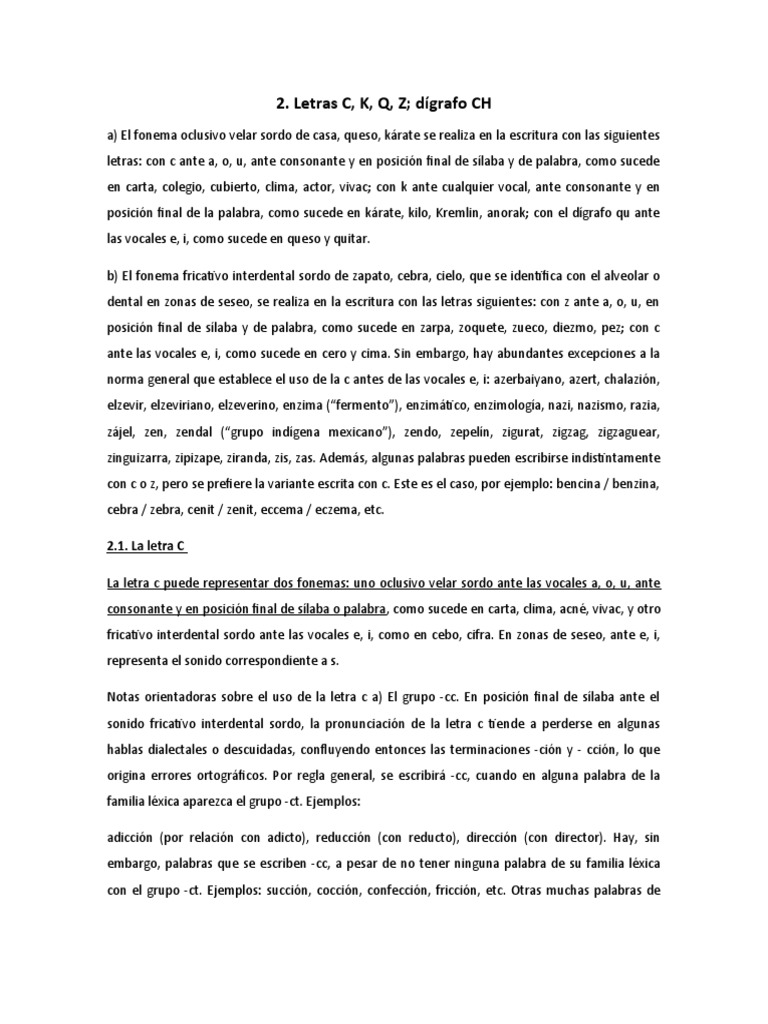Letras C, K, Q, Z y Dígrafo CH | PDF | Comunicación humana | Lingüística
