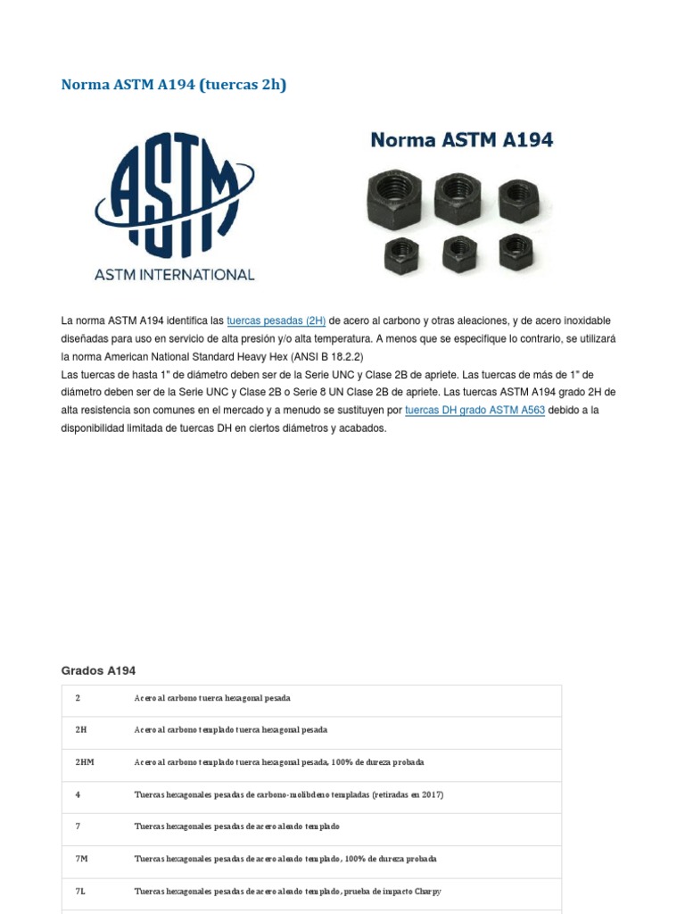 Norma ASTM A194 TUERCAS 2H | PDF | Acero | Aleación