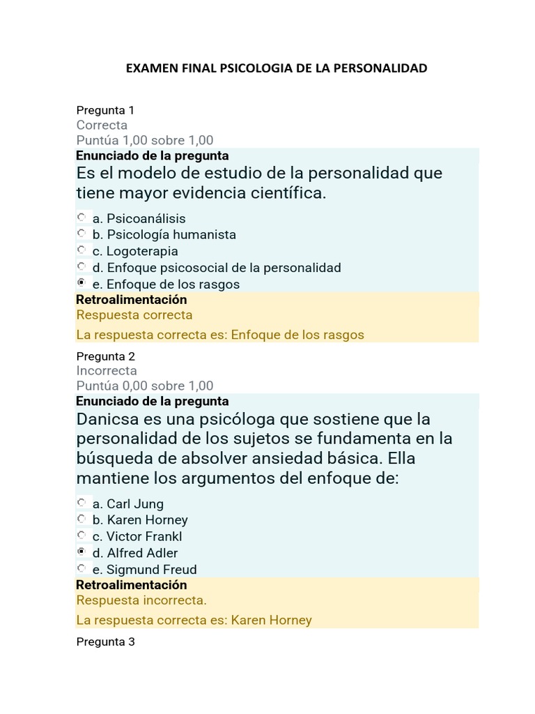 Examen de Psicología de la Personalidad | PDF | Sicología | Psicología ...