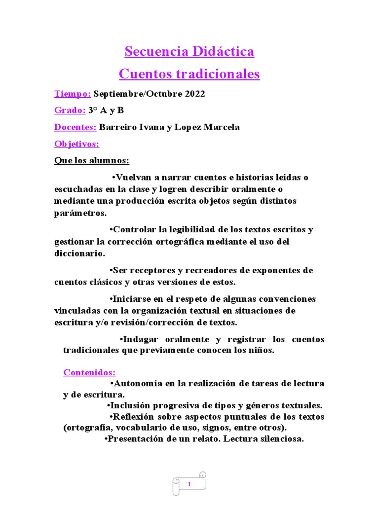 Secuencia Didáctica Cuentos Tradicionales | PDF | Escritura | Cuentos